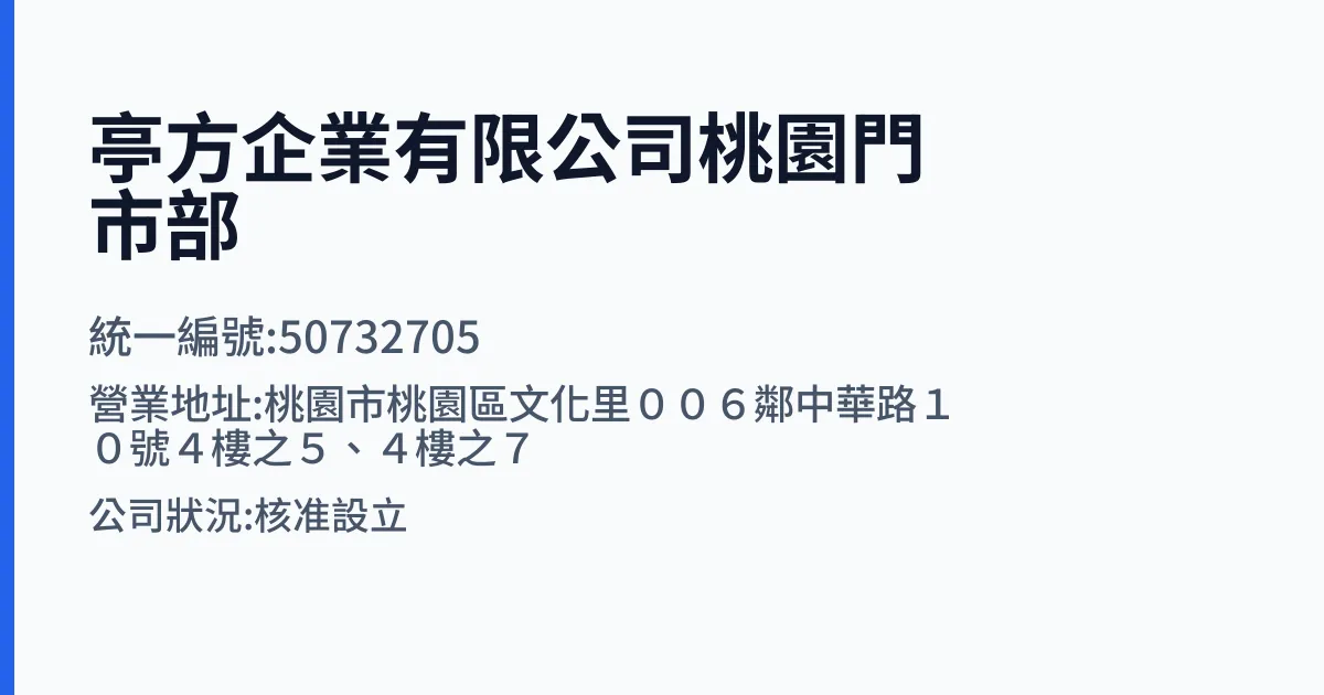 亭方企業有限公司桃園門市部 - 統編 50732705(桃園市) 公司登記資料與營業項目詳細圖表