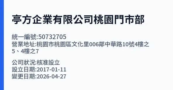 亭方企業有限公司桃園門市部的照片-統編 50732705(桃園市) 公司登記資料與營業項目詳細圖表