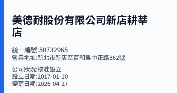 美德耐股份有限公司新店耕莘店的照片-統編 50732965(新北市) 公司登記資料與營業項目詳細圖表
