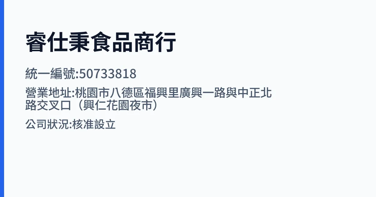 睿仕秉食品商行 - 統編 50733818(桃園市) 公司登記資料與營業項目詳細圖表
