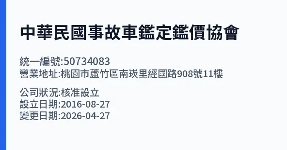 中華民國事故車鑑定鑑價協會的照片-統編 50734083(桃園市) 公司登記資料與營業項目詳細圖表