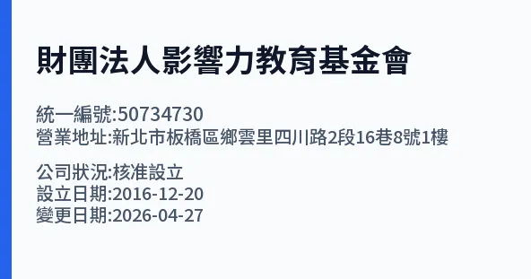 財團法人影響力教育基金會的照片-統編 50734730(新北市) 公司登記資料與營業項目詳細圖表