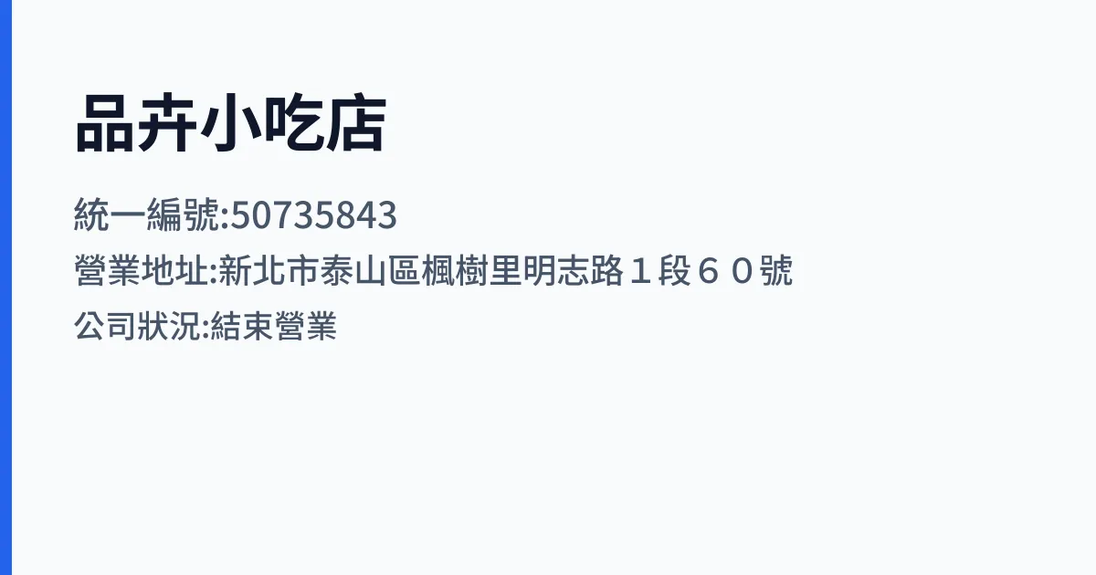 品卉小吃店 - 統編 50735843(新北市) 公司登記資料與營業項目詳細圖表