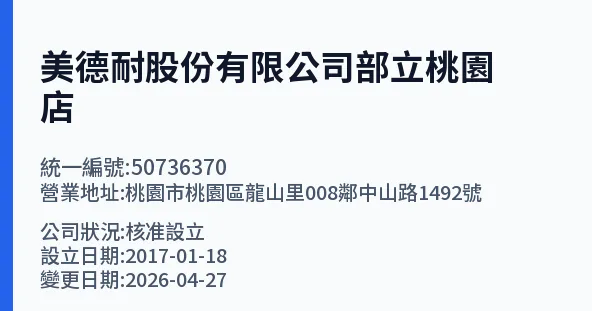 美德耐股份有限公司部立桃園店的照片-統編 50736370(桃園市) 公司登記資料與營業項目詳細圖表