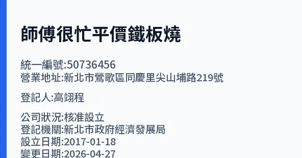 師傅很忙平價鐵板燒的照片-統編 50736456(新北市) 公司登記資料與營業項目詳細圖表