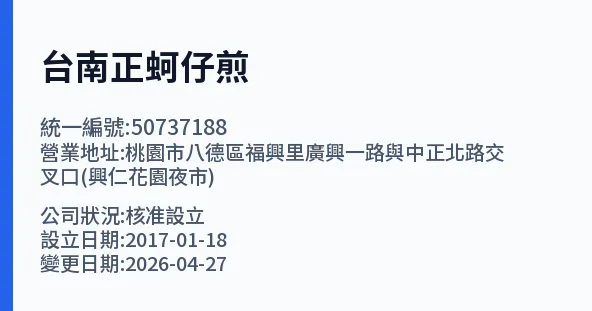 台南正蚵仔煎的照片-統編 50737188(桃園市) 公司登記資料與營業項目詳細圖表