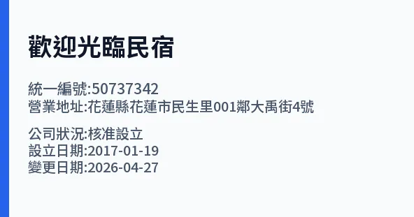 歡迎光臨民宿的照片-統編 50737342(花蓮縣) 公司登記資料與營業項目詳細圖表