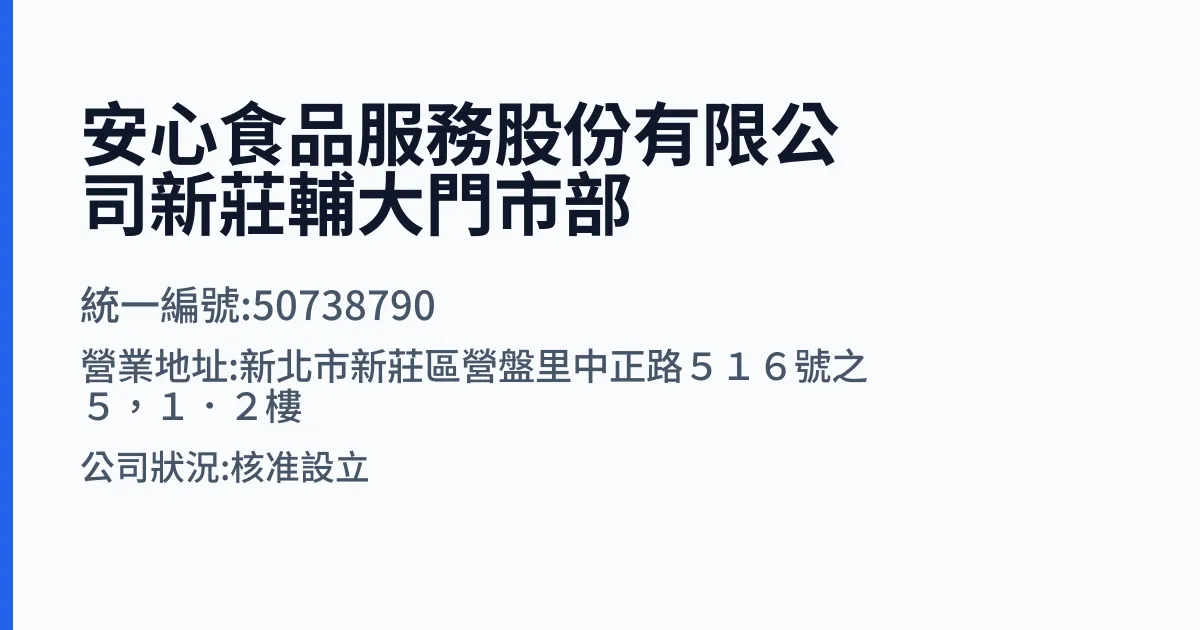 安心食品服務股份有限公司新莊輔大門市部 - 統編 50738790(新北市) 公司登記資料與營業項目詳細圖表