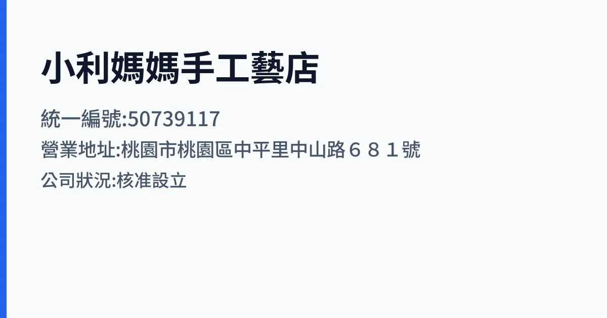 小利媽媽手工藝店 - 統編 50739117(桃園市) 公司登記資料與營業項目詳細圖表