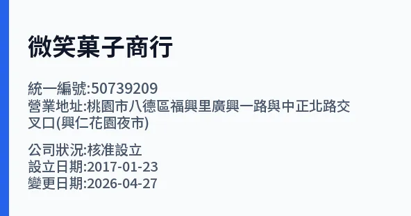 微笑菓子商行的照片-統編 50739209(桃園市) 公司登記資料與營業項目詳細圖表