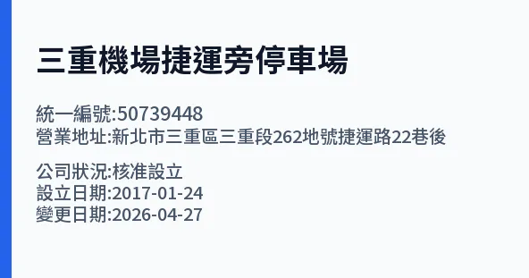 三重機場捷運旁停車場的照片-統編 50739448(新北市) 公司登記資料與營業項目詳細圖表