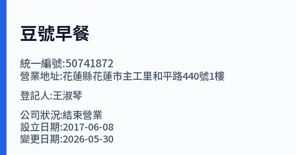 豆號早餐的照片-統編 50741872(花蓮縣) 公司登記資料與營業項目詳細圖表