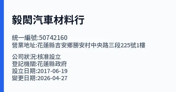 毅閎汽車材料行的照片-統編 50742160(花蓮縣) 公司登記資料與營業項目詳細圖表