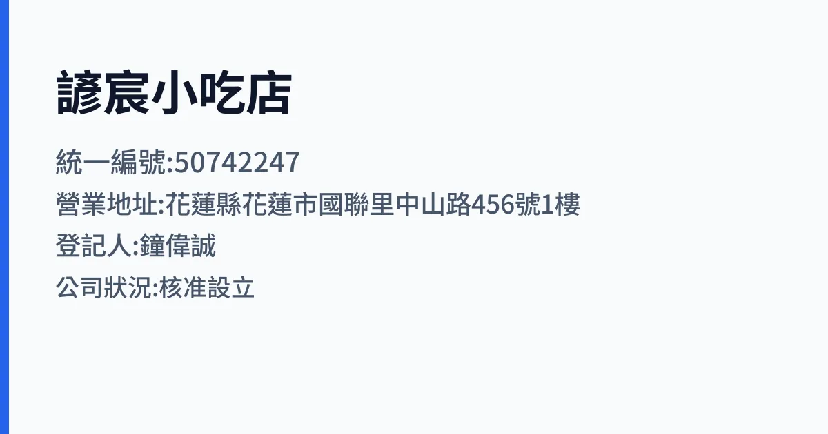 諺宸小吃店 - 統編 50742247(花蓮縣) 公司登記資料與營業項目詳細圖表