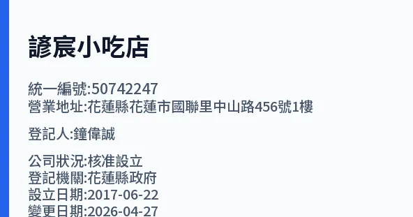 諺宸小吃店的照片-統編 50742247(花蓮縣) 公司登記資料與營業項目詳細圖表