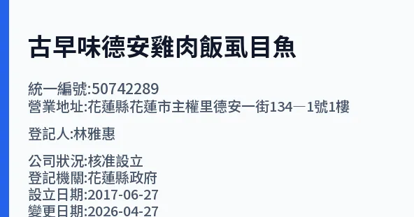 古早味德安雞肉飯虱目魚的照片-統編 50742289(花蓮縣) 公司登記資料與營業項目詳細圖表