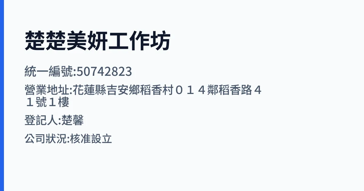 楚楚美妍工作坊 - 統編 50742823(花蓮縣) 公司登記資料與營業項目詳細圖表