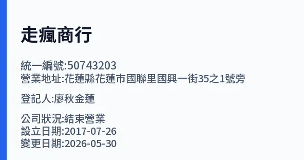 走瘋商行的照片-統編 50743203(花蓮縣) 公司登記資料與營業項目詳細圖表