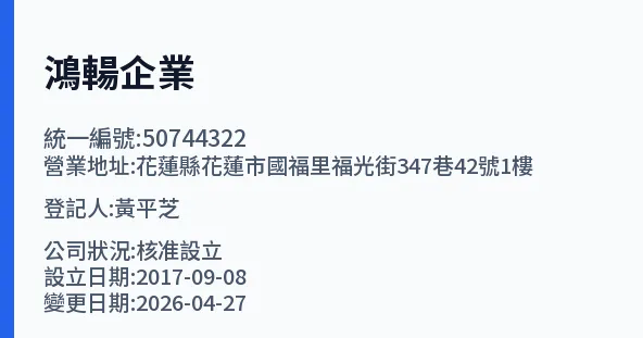 鴻輰企業的照片-統編 50744322(花蓮縣) 公司登記資料與營業項目詳細圖表