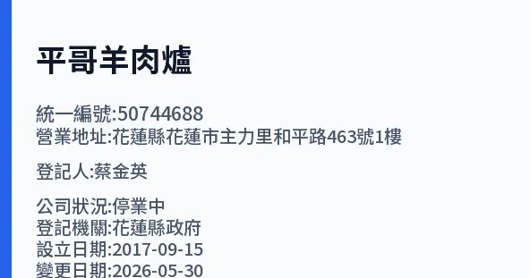 平哥羊肉爐的照片-統編 50744688(花蓮縣) 公司登記資料與營業項目詳細圖表