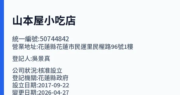 山本屋小吃店的照片-統編 50744842(花蓮縣) 公司登記資料與營業項目詳細圖表