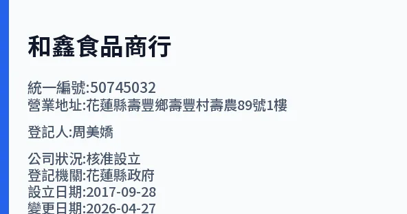 和鑫食品商行的照片-統編 50745032(花蓮縣) 公司登記資料與營業項目詳細圖表