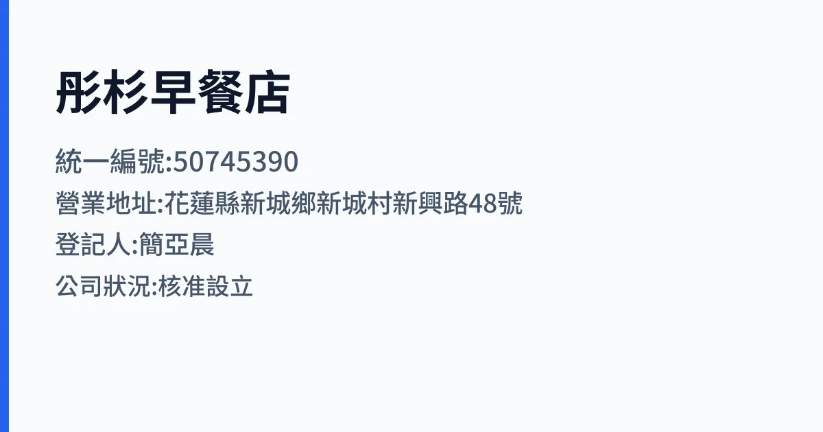 彤杉早餐店 - 統編 50745390(花蓮縣) 公司登記資料與營業項目詳細圖表