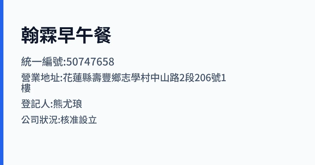 翰霖早午餐 - 統編 50747658(花蓮縣) 公司登記資料與營業項目詳細圖表