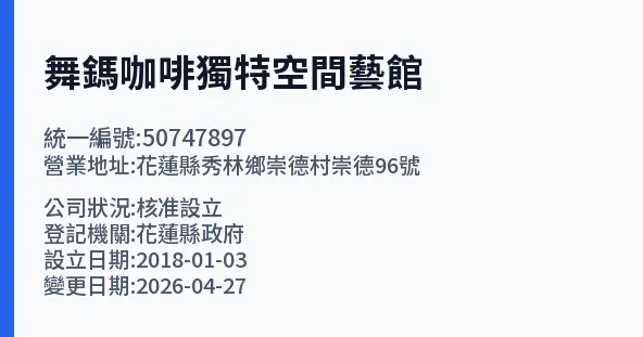 舞鎷咖啡獨特空間藝館的照片-統編 50747897(花蓮縣) 公司登記資料與營業項目詳細圖表
