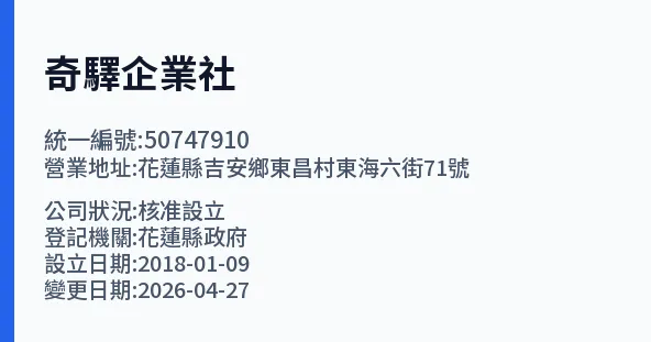 奇驛企業社的照片-統編 50747910(花蓮縣) 公司登記資料與營業項目詳細圖表