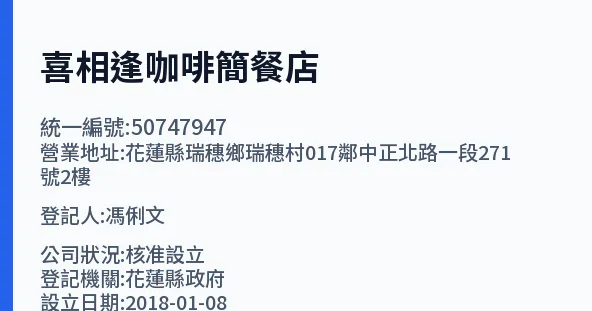 喜相逢咖啡簡餐店的照片-統編 50747947(花蓮縣) 公司登記資料與營業項目詳細圖表