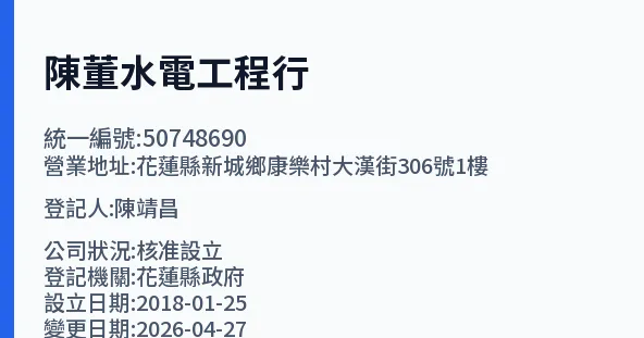 陳董水電工程行的照片-統編 50748690(花蓮縣) 公司登記資料與營業項目詳細圖表