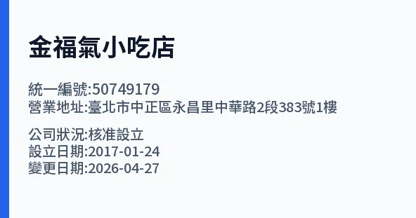 金福氣小吃店的照片-統編 50749179(臺北市) 公司登記資料與營業項目詳細圖表