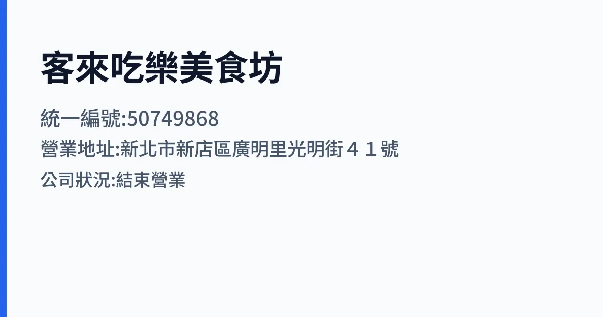 客來吃樂美食坊 - 統編 50749868(新北市) 公司登記資料與營業項目詳細圖表