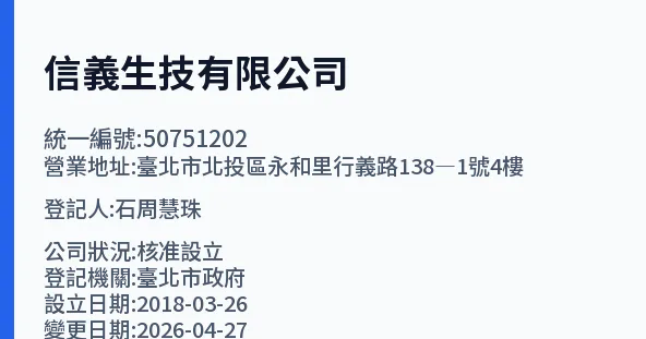 信義生技有限公司的照片-統編 50751202(臺北市) 公司登記資料與營業項目詳細圖表