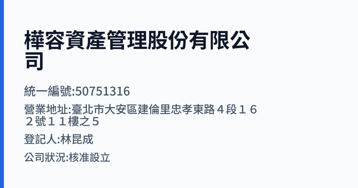 樺容資產管理股份有限公司 - 統編 50751316(臺北市) 公司登記資料與營業項目詳細圖表