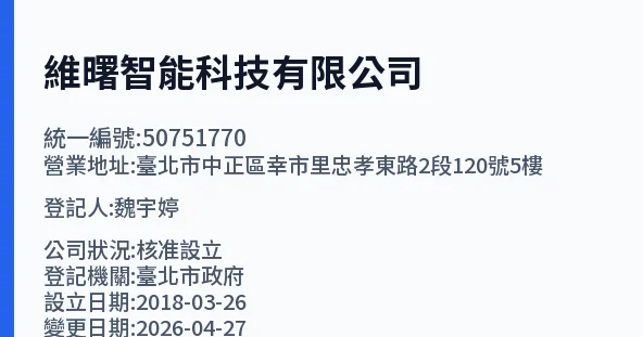 維曙智能科技有限公司的照片-統編 50751770(臺北市) 公司登記資料與營業項目詳細圖表