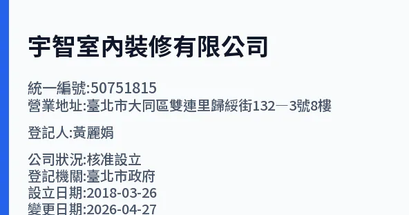 宇智室內裝修有限公司的照片-統編 50751815(臺北市) 公司登記資料與營業項目詳細圖表