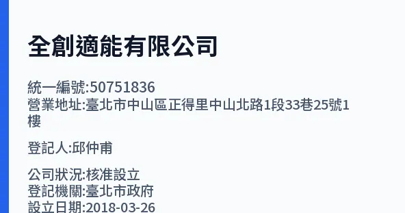 全創適能有限公司的照片-統編 50751836(臺北市) 公司登記資料與營業項目詳細圖表