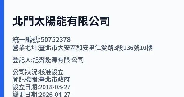 北門太陽能有限公司的照片-統編 50752378(臺北市) 公司登記資料與營業項目詳細圖表
