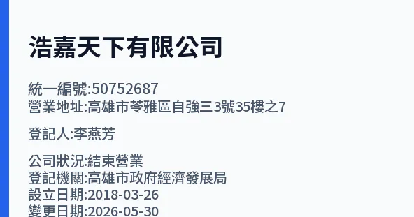 浩嘉天下有限公司的照片-統編 50752687(高雄市) 公司登記資料與營業項目詳細圖表