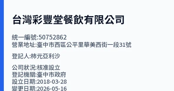 台灣彩豐堂餐飲有限公司的照片-統編 50752862(臺中市) 公司登記資料與營業項目詳細圖表