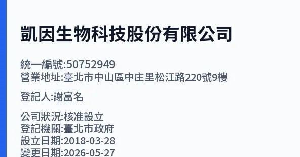 凱因生物科技股份有限公司的照片-統編 50752949(臺北市) 公司登記資料與營業項目詳細圖表