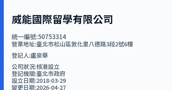 威能國際留學有限公司的照片-統編 50753314(臺北市) 公司登記資料與營業項目詳細圖表