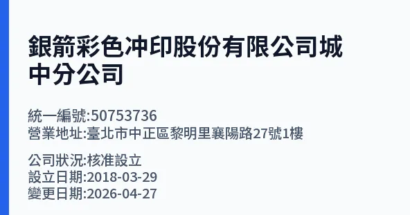 銀箭彩色冲印股份有限公司城中分公司的照片-統編 50753736(臺北市) 公司登記資料與營業項目詳細圖表