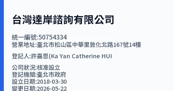 台灣達岸諮詢有限公司的照片-統編 50754334(臺北市) 公司登記資料與營業項目詳細圖表