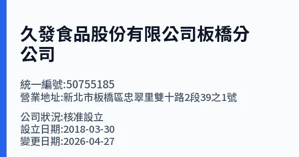 久發食品股份有限公司板橋分公司的照片-統編 50755185(新北市) 公司登記資料與營業項目詳細圖表