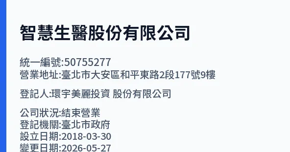 智慧生醫股份有限公司的照片-統編 50755277(臺北市) 公司登記資料與營業項目詳細圖表