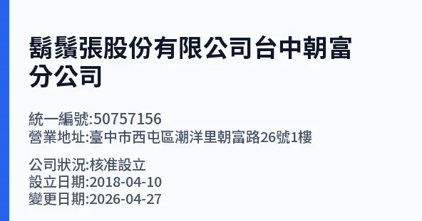 鬍鬚張股份有限公司台中朝富分公司的照片-統編 50757156(臺中市) 公司登記資料與營業項目詳細圖表