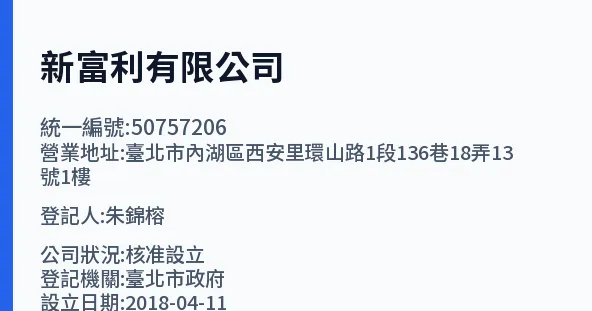新富利有限公司的照片-統編 50757206(臺北市) 公司登記資料與營業項目詳細圖表